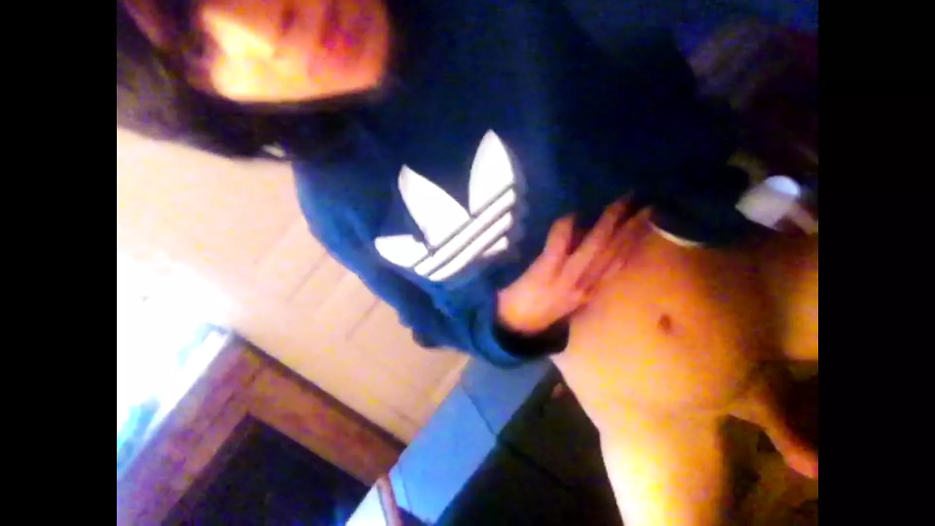 Teen Twink 18 With Cute Face Emo Haircut Wearing Blue Adidas Trefoil Hoodie Rubs His Tiny Smooth