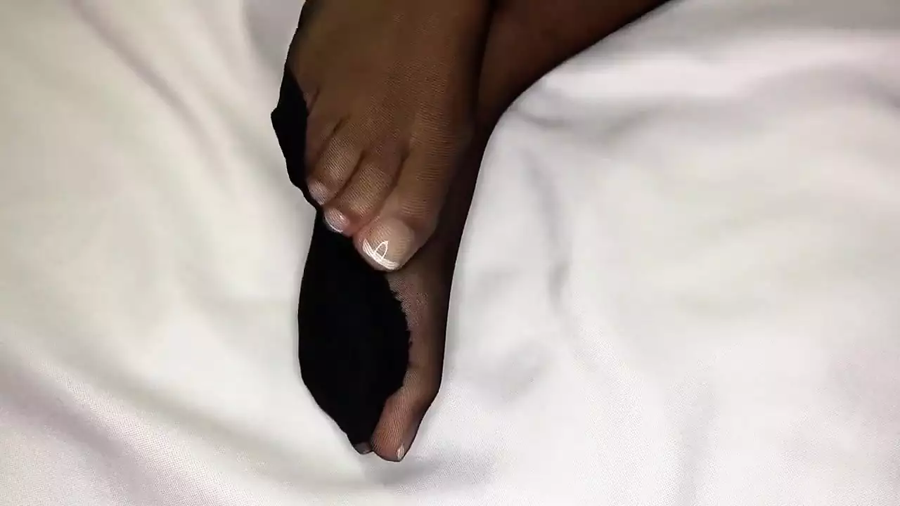 Ebony Girl Shows Off Her French Pedicure In Her Black Nylons And Does