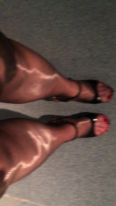 Feet With Red Toes In Glossy Black Red Nylons And Sexy Heels Nylon Close